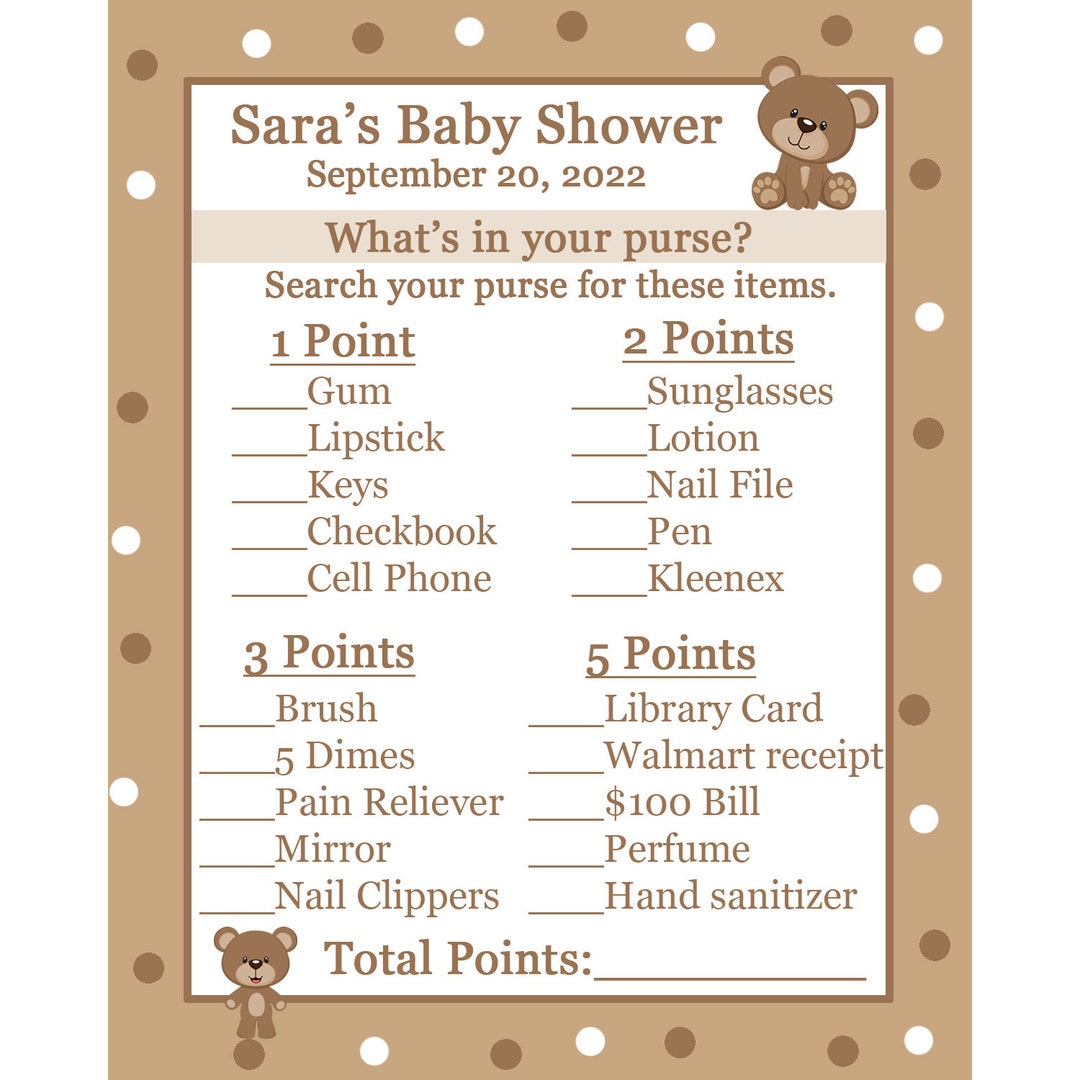 24 Baby Shower Game Cards Whats in Your Purse Game - Brown Polka Dot ...