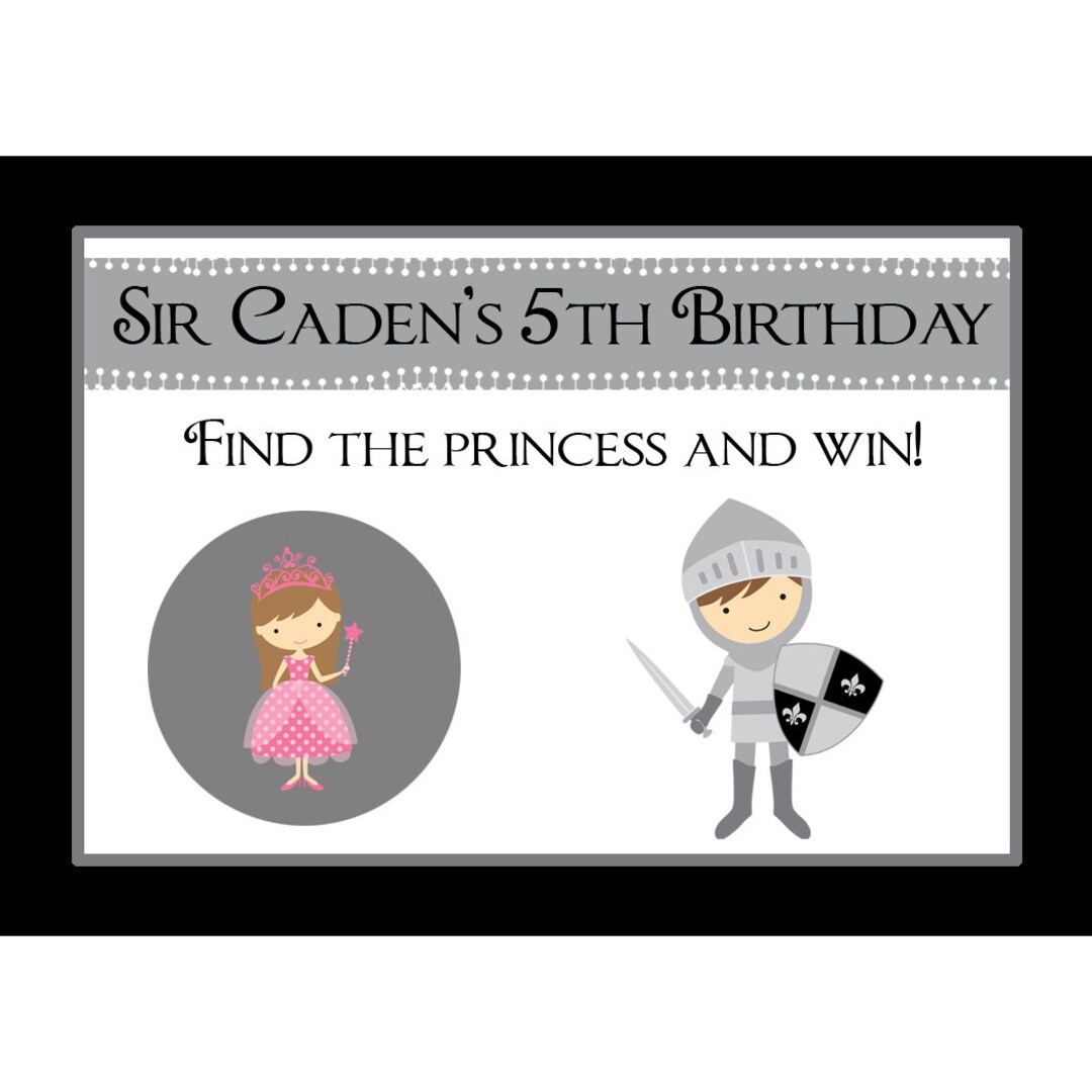 24 Personalized Birthday Scratch off Game Cards - Knight and Princess ...