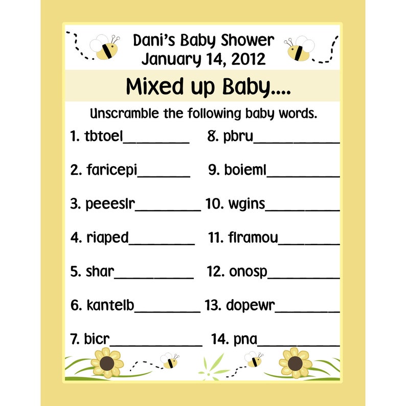 24 Personalized Baby Shower Word Scramble Game Cards - Baby Bee ...