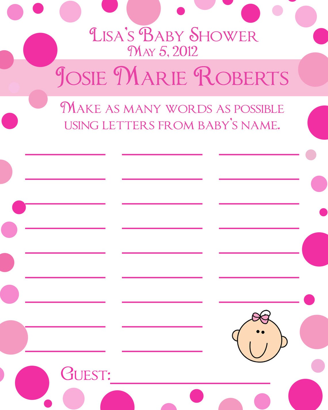 24 Personalized Baby Shower Baby Name Game Cards Pink - Etsy