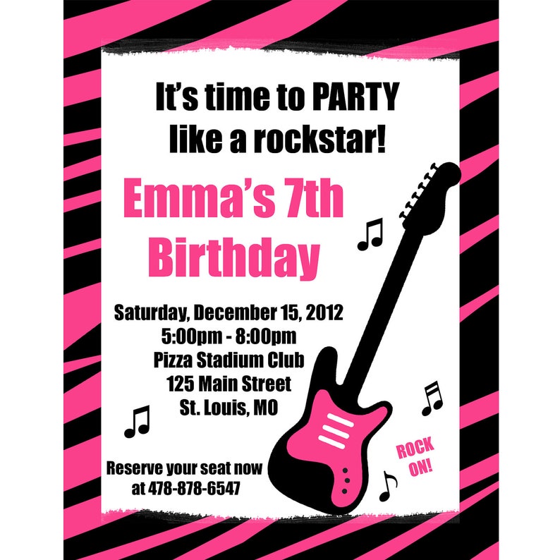 20 Personalized Birthday Invitations Pink Zebra Rock Star - Etsy