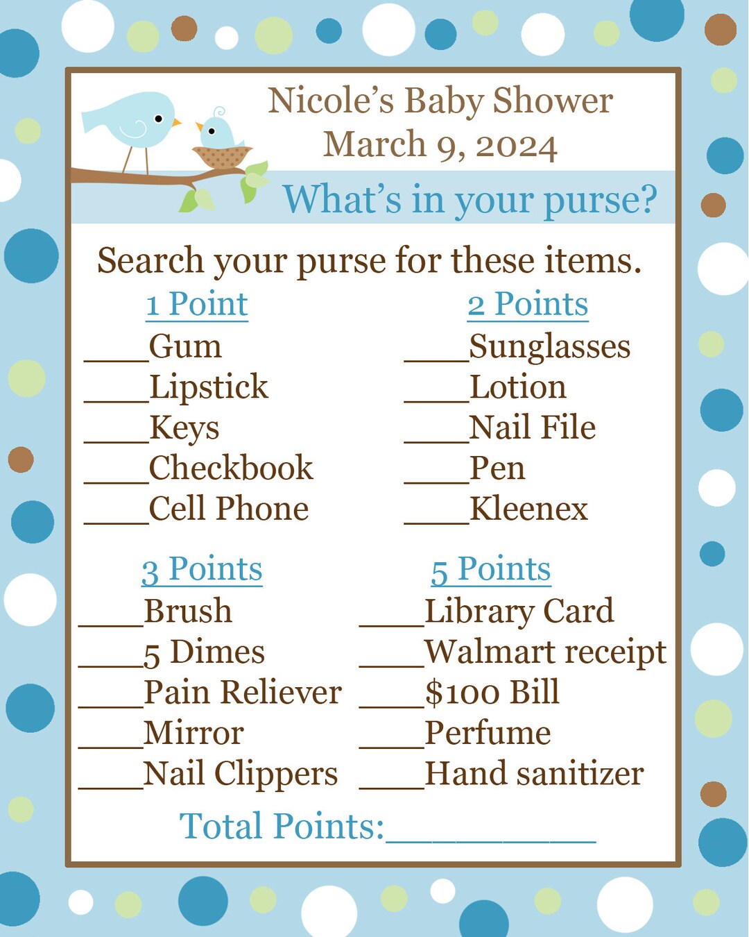24 Personalized Baby Shower Game Cards - What's in Your Purse - Blue ...
