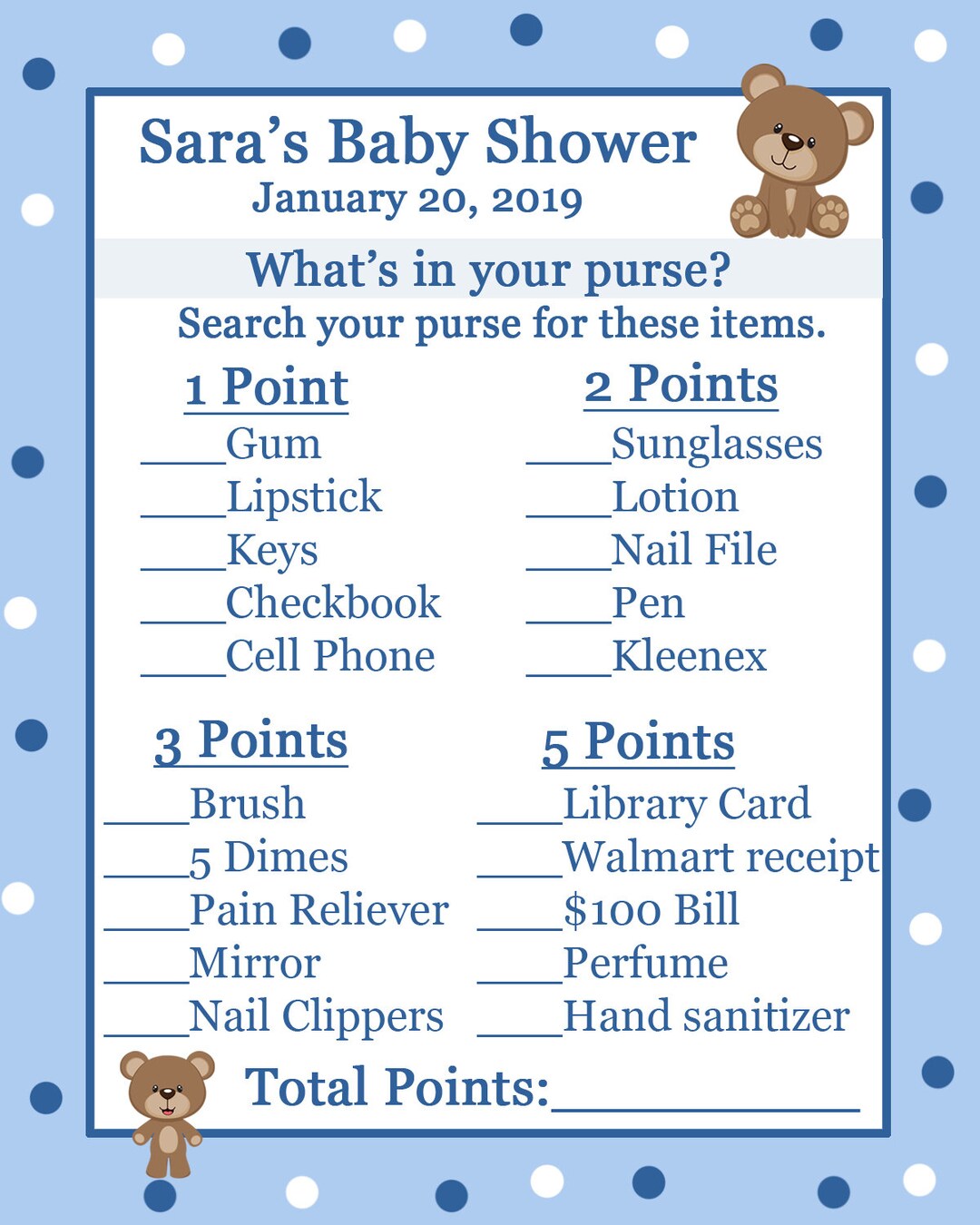24 Baby Shower Game Cards Whats in Your Purse Game - Blue Polka Dot ...