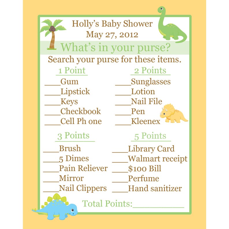 24 Baby Shower Game Cards Whats in Your Purse Game Dinosaur - Etsy
