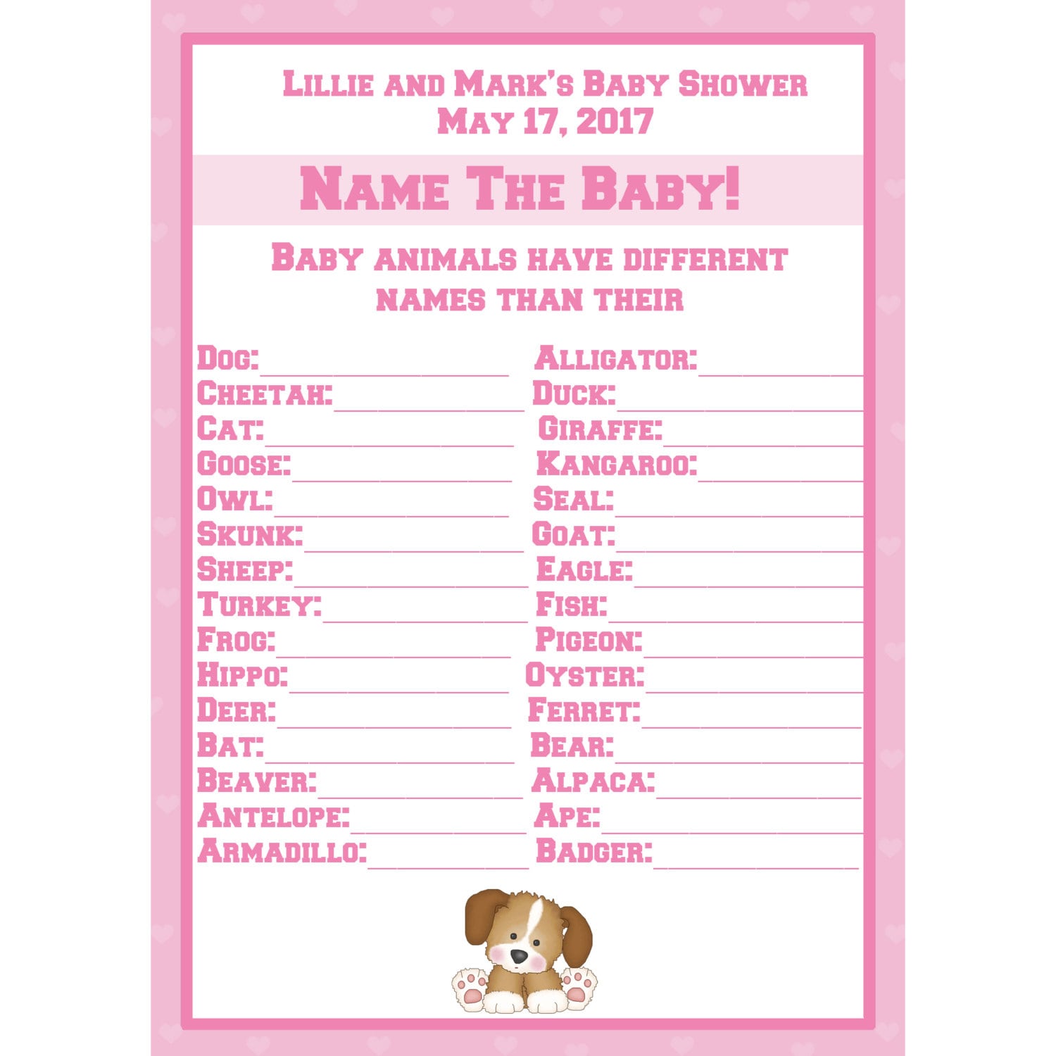 24 Personalized Baby Shower Baby Animal Name Game Cards Pink Puppy Baby ...