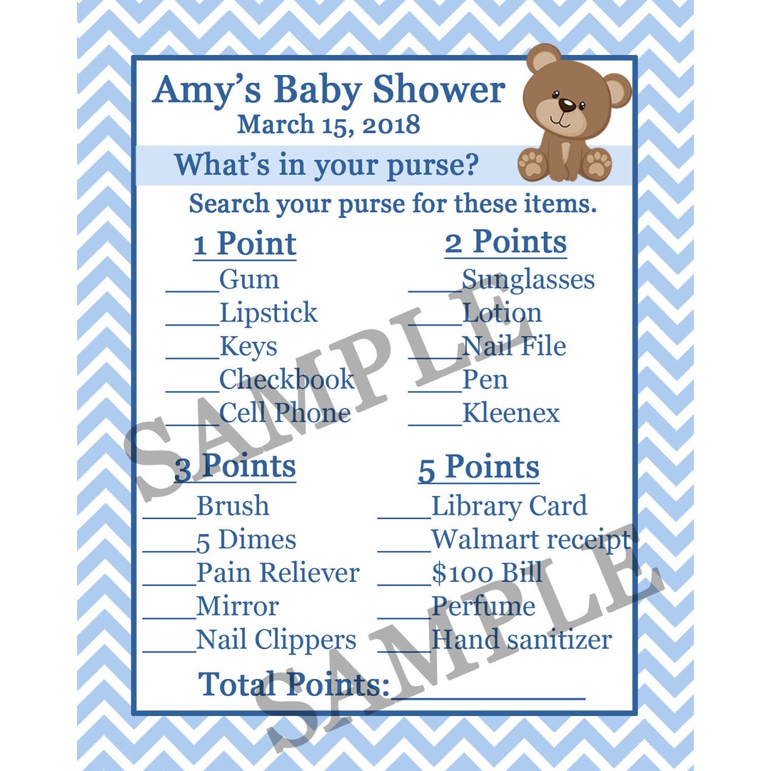 24 Baby Shower Game Cards Whats in Your Purse Game - Teddy Bear Baby ...
