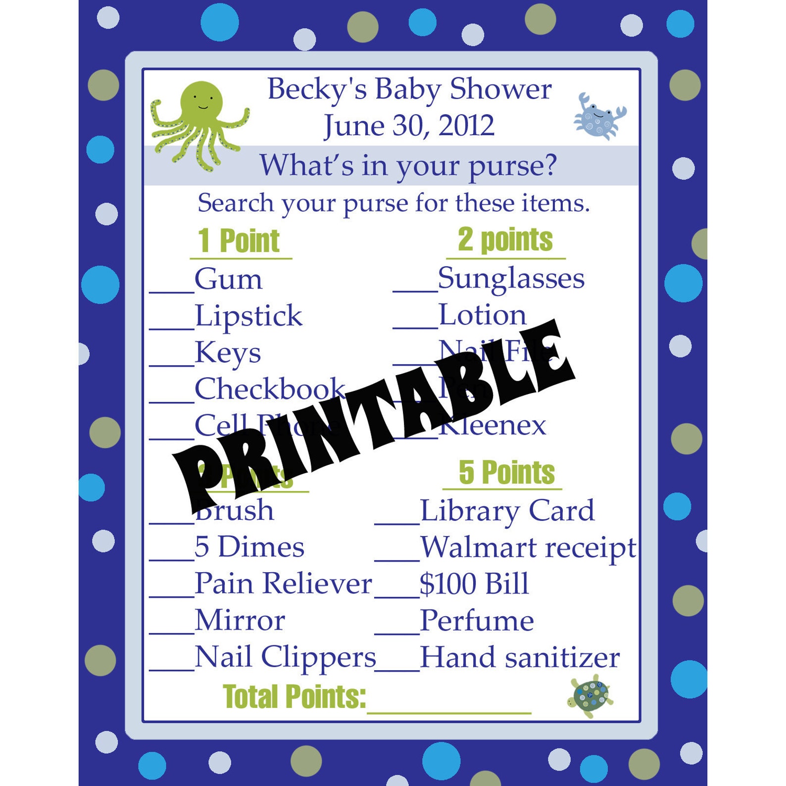 What's in Your Purse Baby Shower Game Under the Sea Theme PRINTABLE U ...