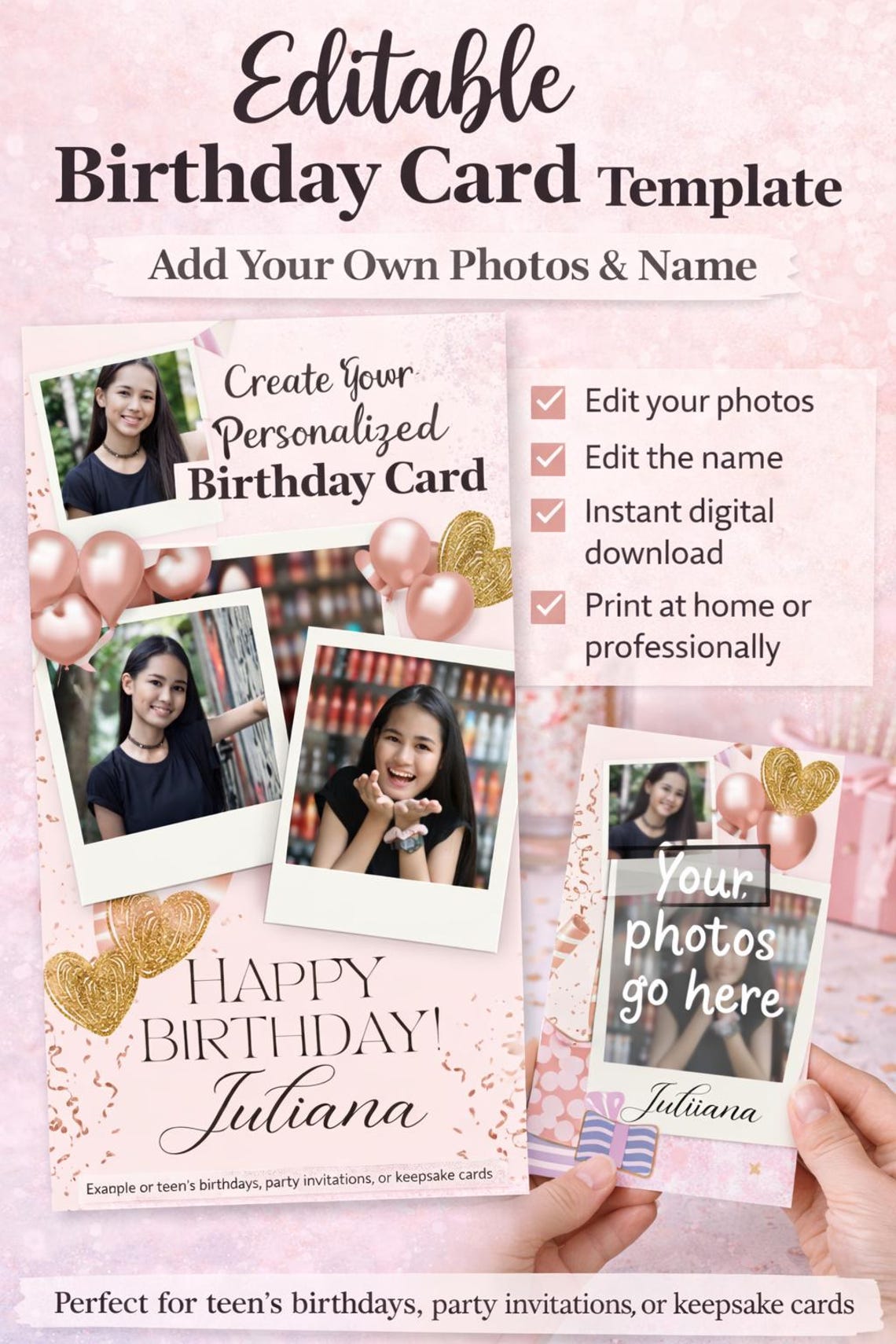 Editable Birthday Card Template | Photo, Name Personalization (digital ...