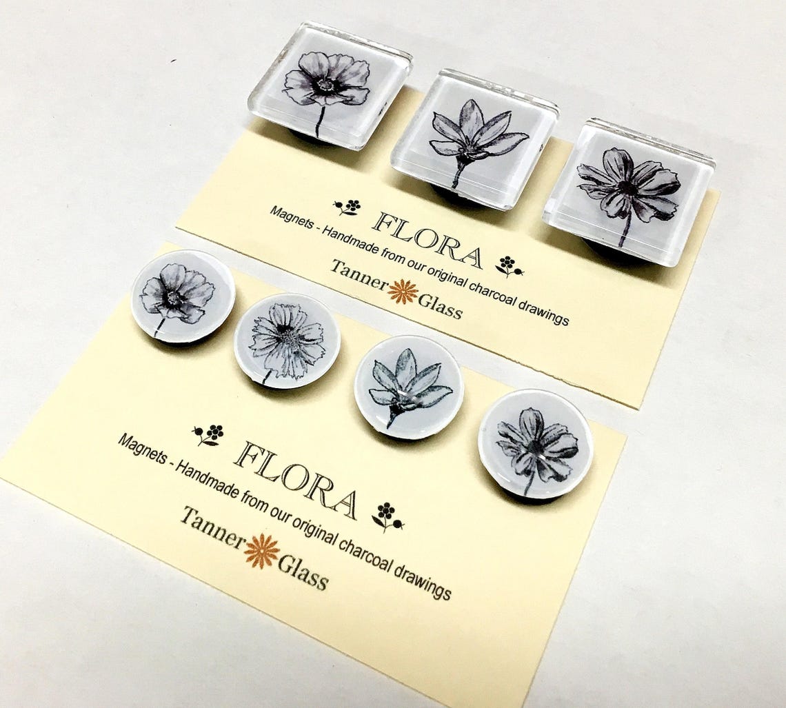 Flora Magnet Set. Hand Drawn Flowers Botanical Glass Magnets | Etsy
