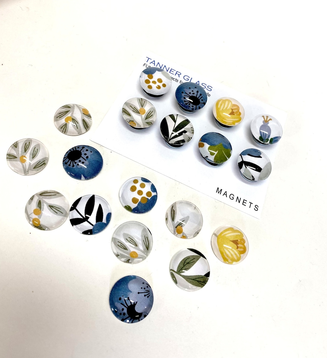 Floral Magnet Set, Glass Magnets, Blue and Yellow, for the Kitchen ...