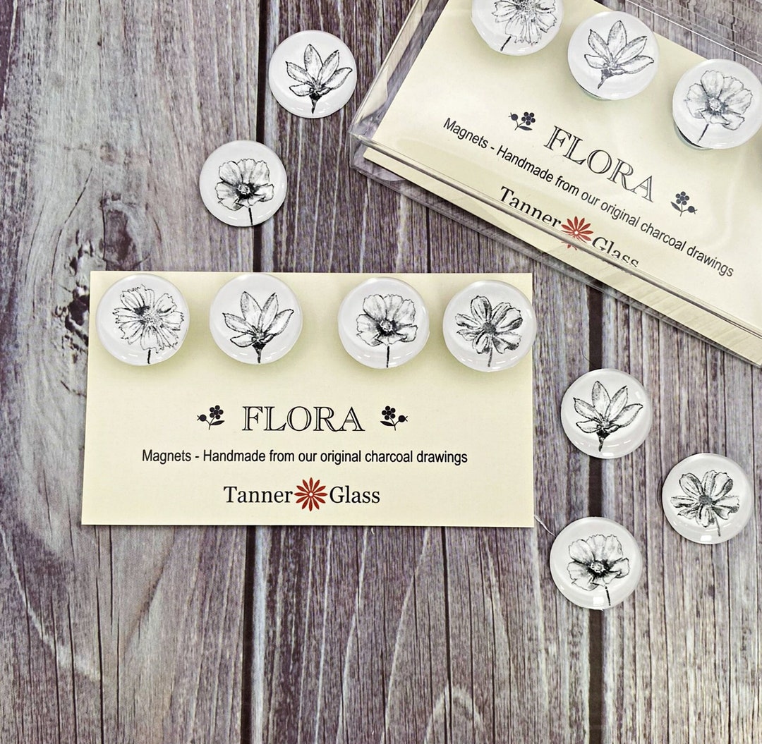 Flora Magnet Set. Hand Drawn Flowers, Botanical Glass Magnets, Fridge ...