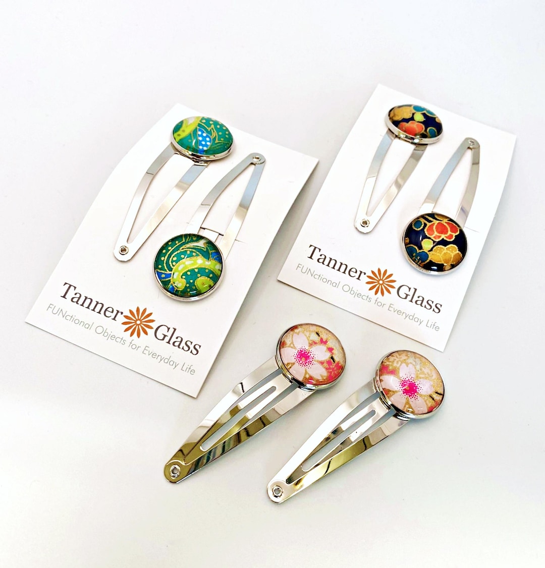 Snap Clips, Set of 2 Silver Toned Hair Clips, Japanese Chiyogami Design ...