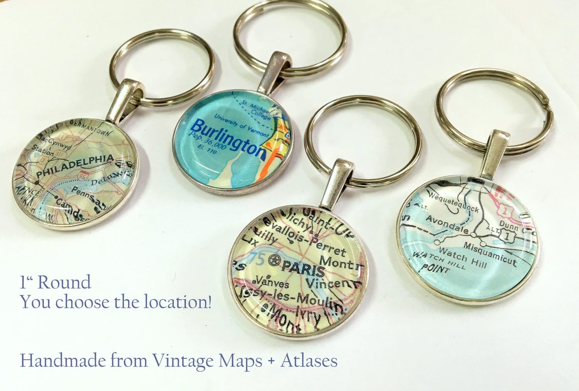 Custom Vintage Map Key Chain Choose Your Location Guy Gift - Etsy