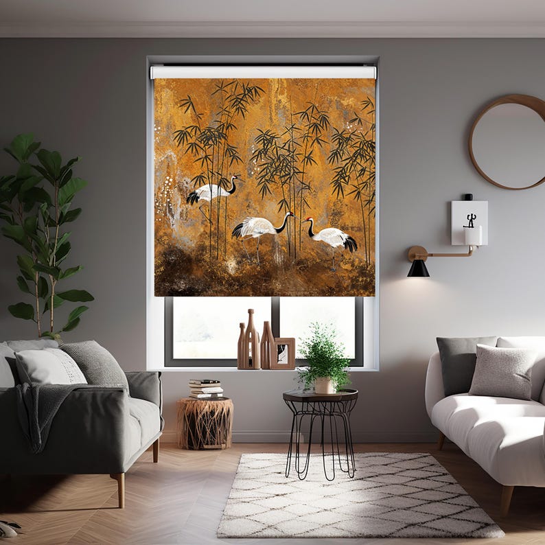 Golden Crane Oriental Roller Shades, Chinoiserie Window Blinds, Exotic ...