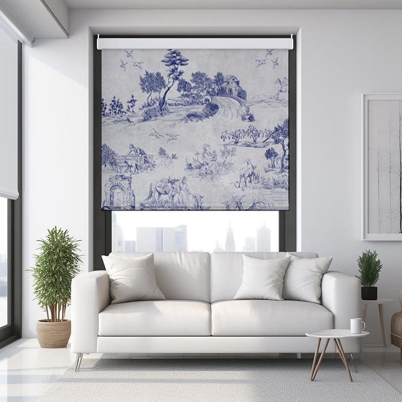 Classic Blue Toile Roller Shade, French Country Style Blinds, Elegant ...