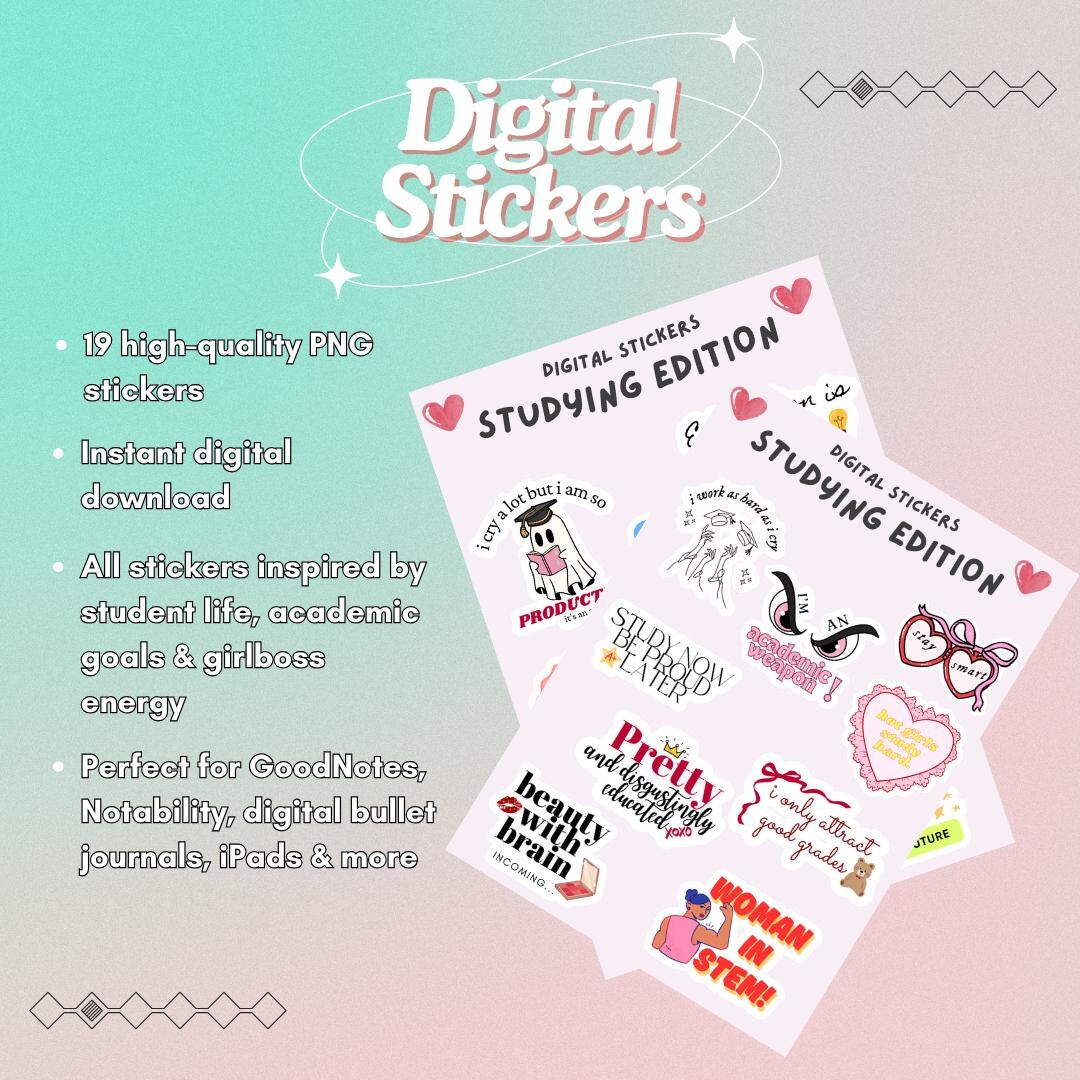 Academic Girl Digital Stickers | Study Motivation Aesthetic Stickers | Cute Digital Study ...