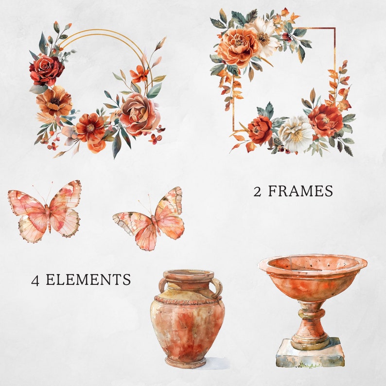 Terracotta Floral Clipart Pack, Commercial Use, Fall Wedding Botanical ...