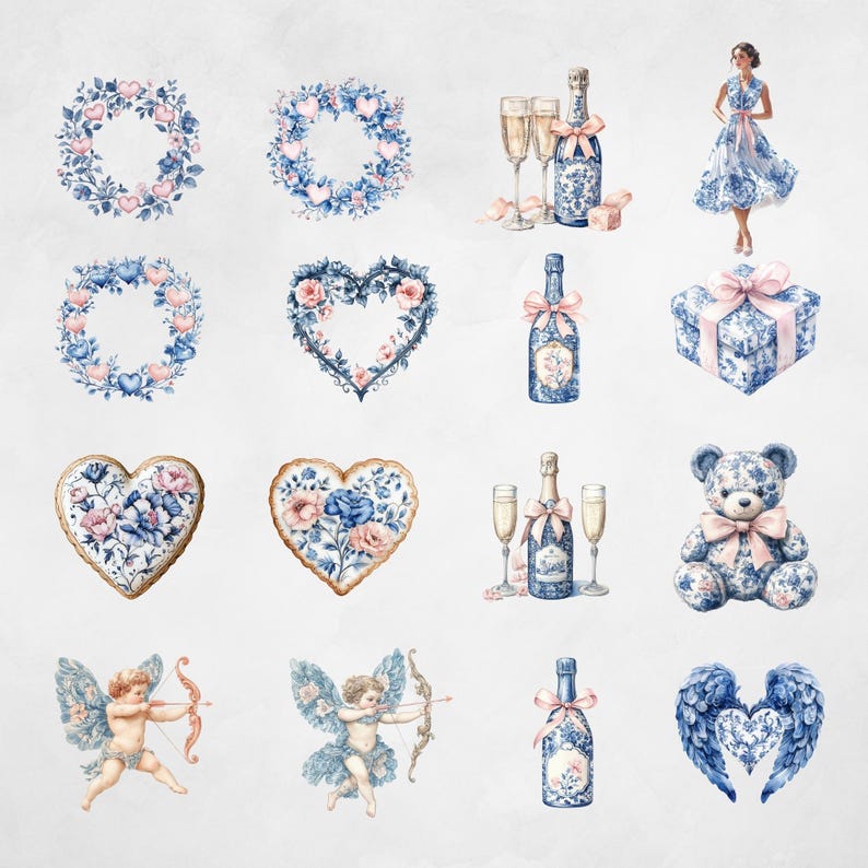 Grandmillennial Valentine Clipart, Chinoiserie Valentines Clip Art ...