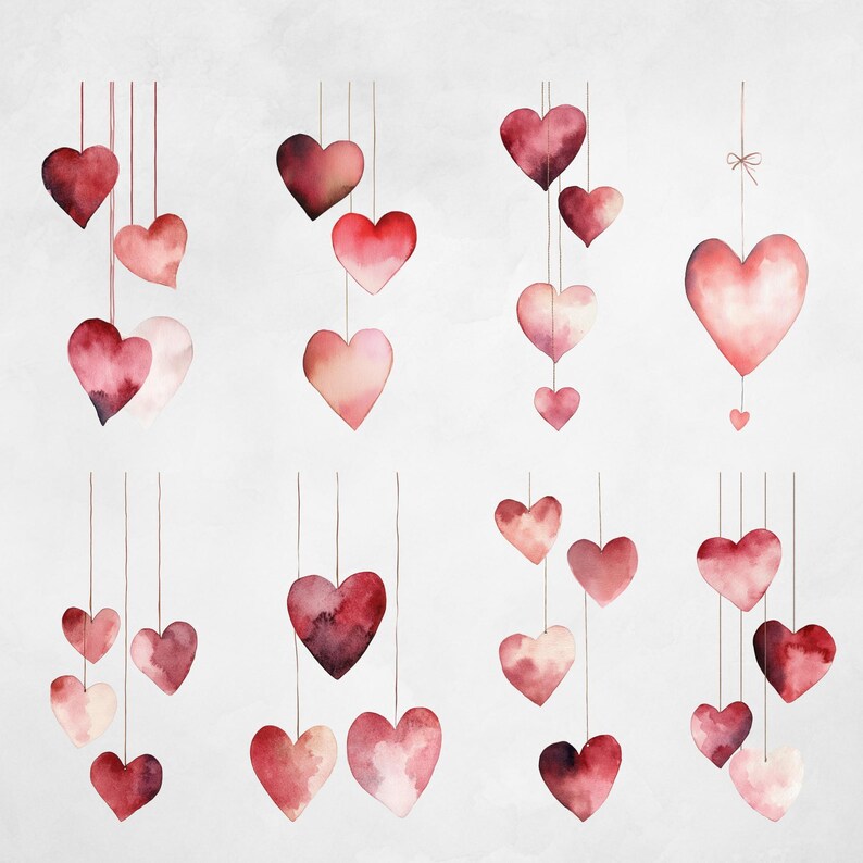 Hanging Hearts Clipart, Watercolor Red Hearts Ornaments Clip Art ...