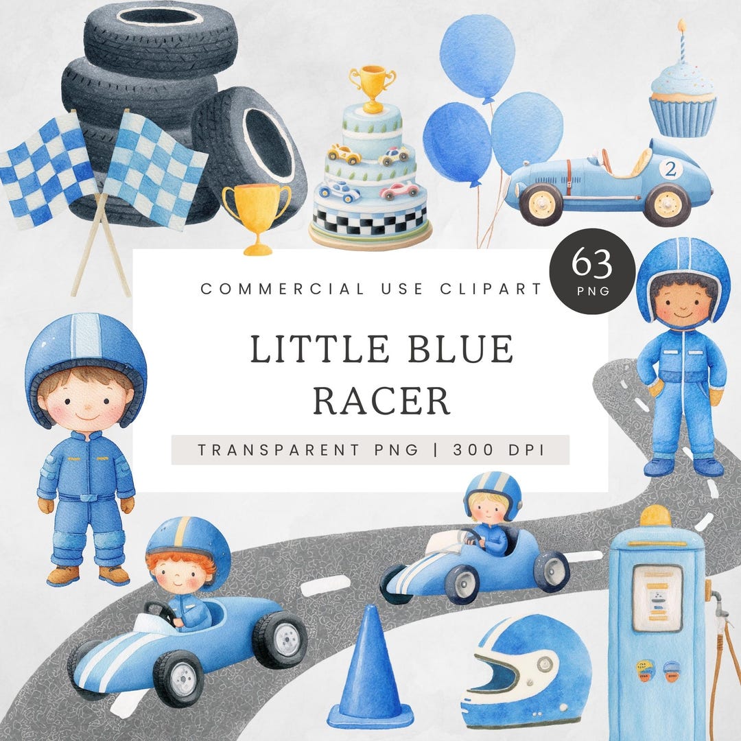 Blue Race Car Clipart, Watercolor Race Car Clip Art, Car Themed ...