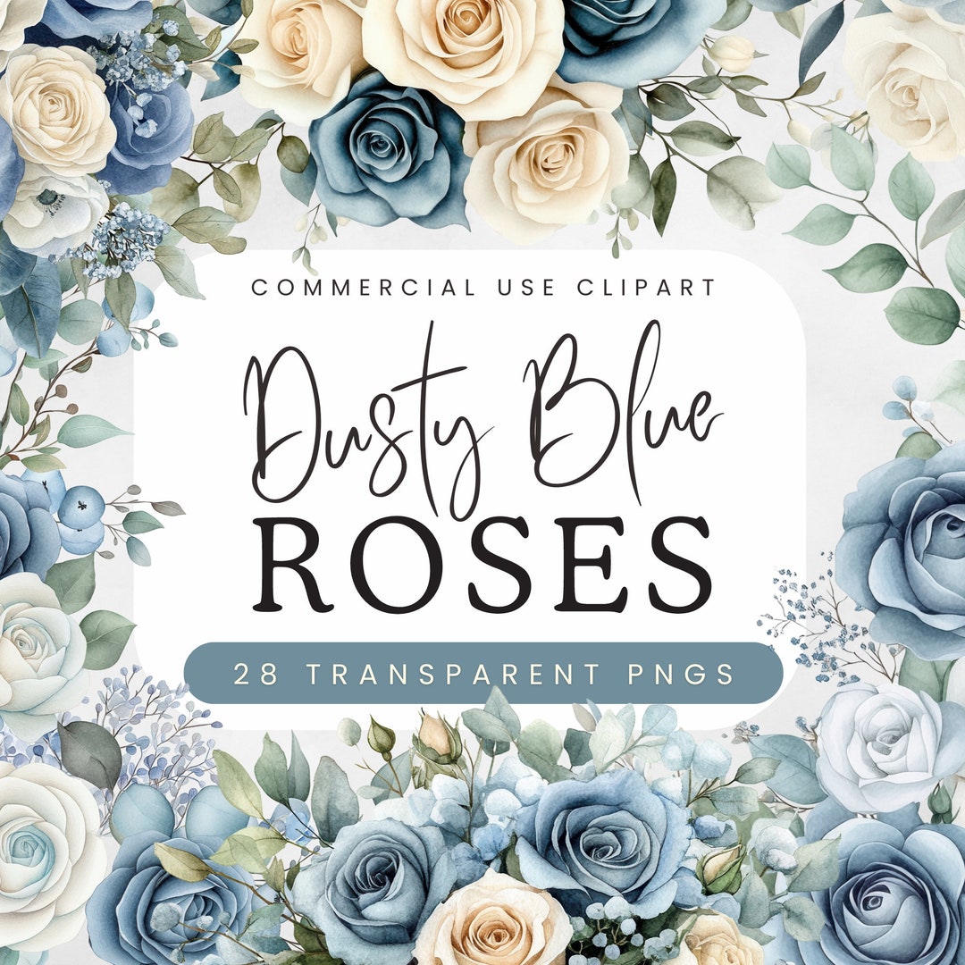 Dusty Blue Roses Clipart | Wedding & Bridal Watercolor Floral Png ...