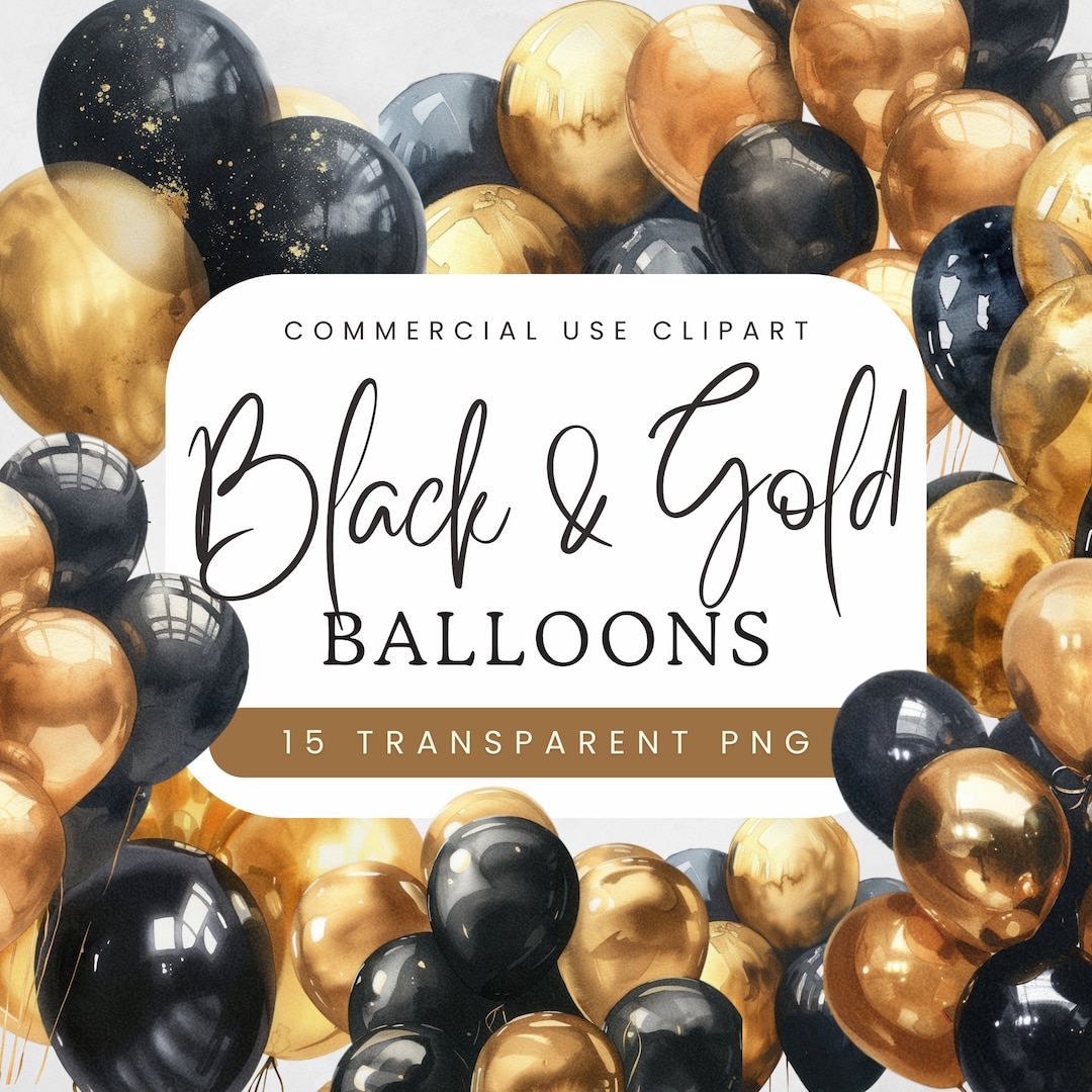 Black and Gold Balloon Clipart | Birthday Glitter Png | Black & Gold ...