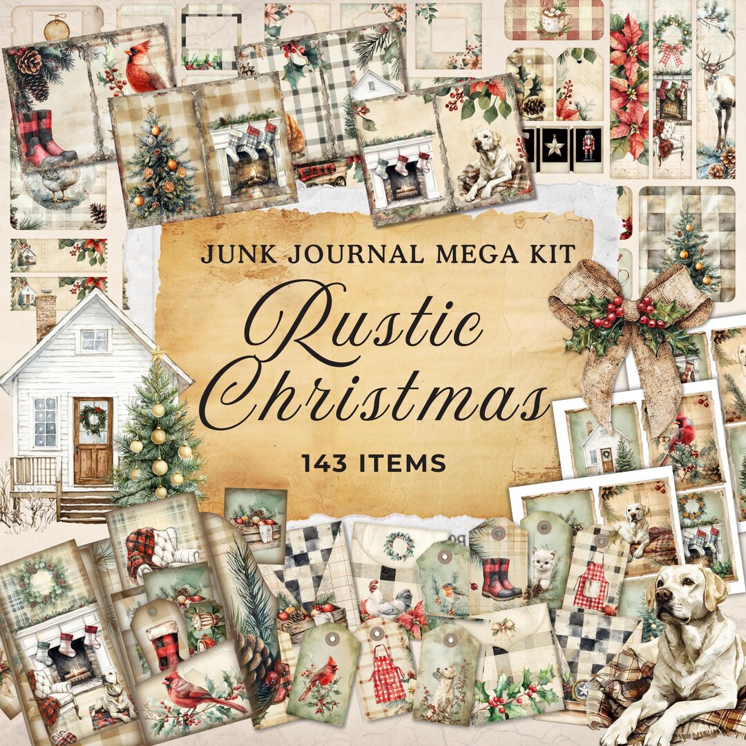 Rustic Christmas Junk Journal Kit, Farmhouse Art Paper Pages Folio ...