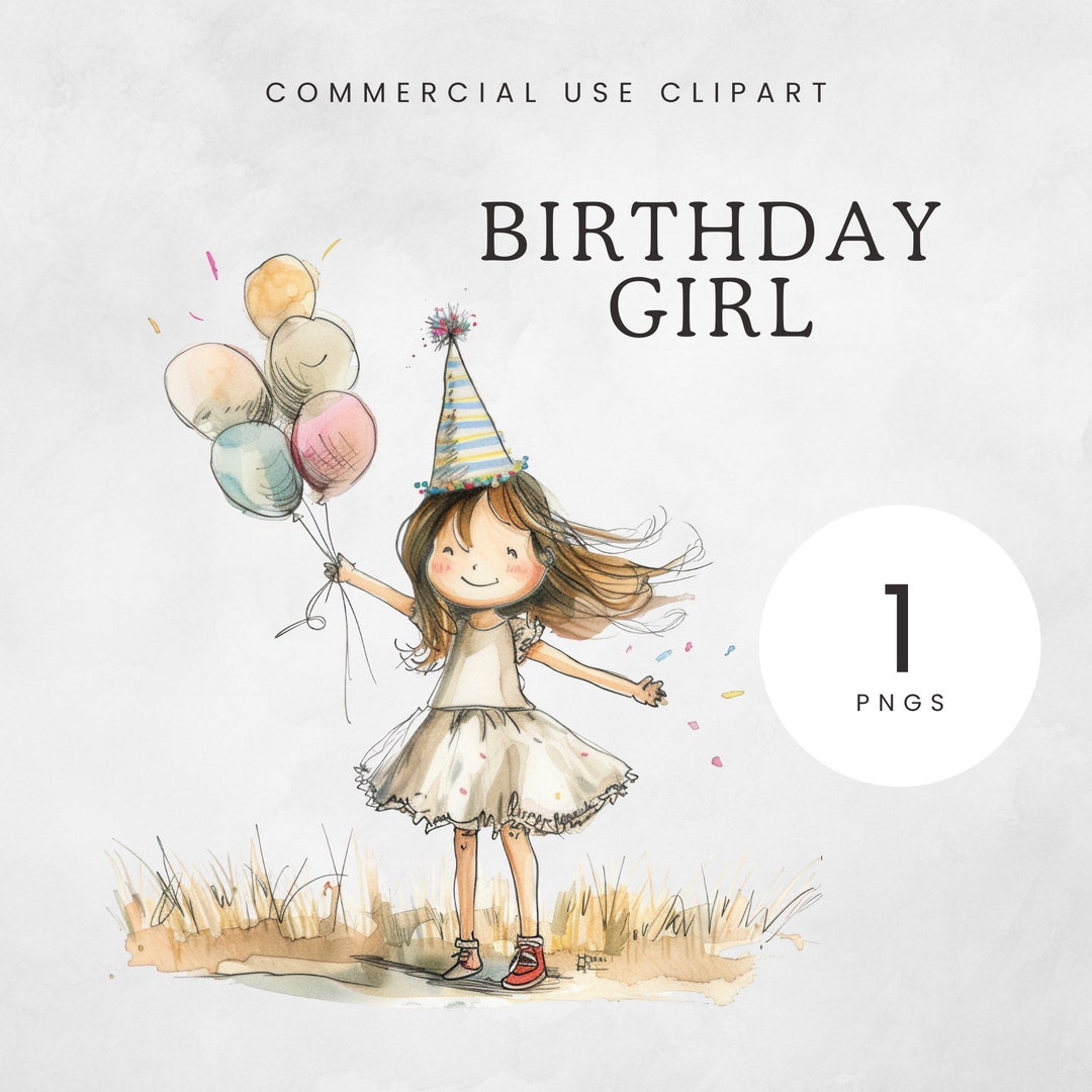 Birth Day Girl PNG | Balloons and Party Hat | Pastel Drawing Clipart ...