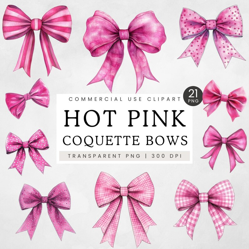 Hot Pink Bows Clipart, Watercolor Coquette Style PNG, Preppy ...
