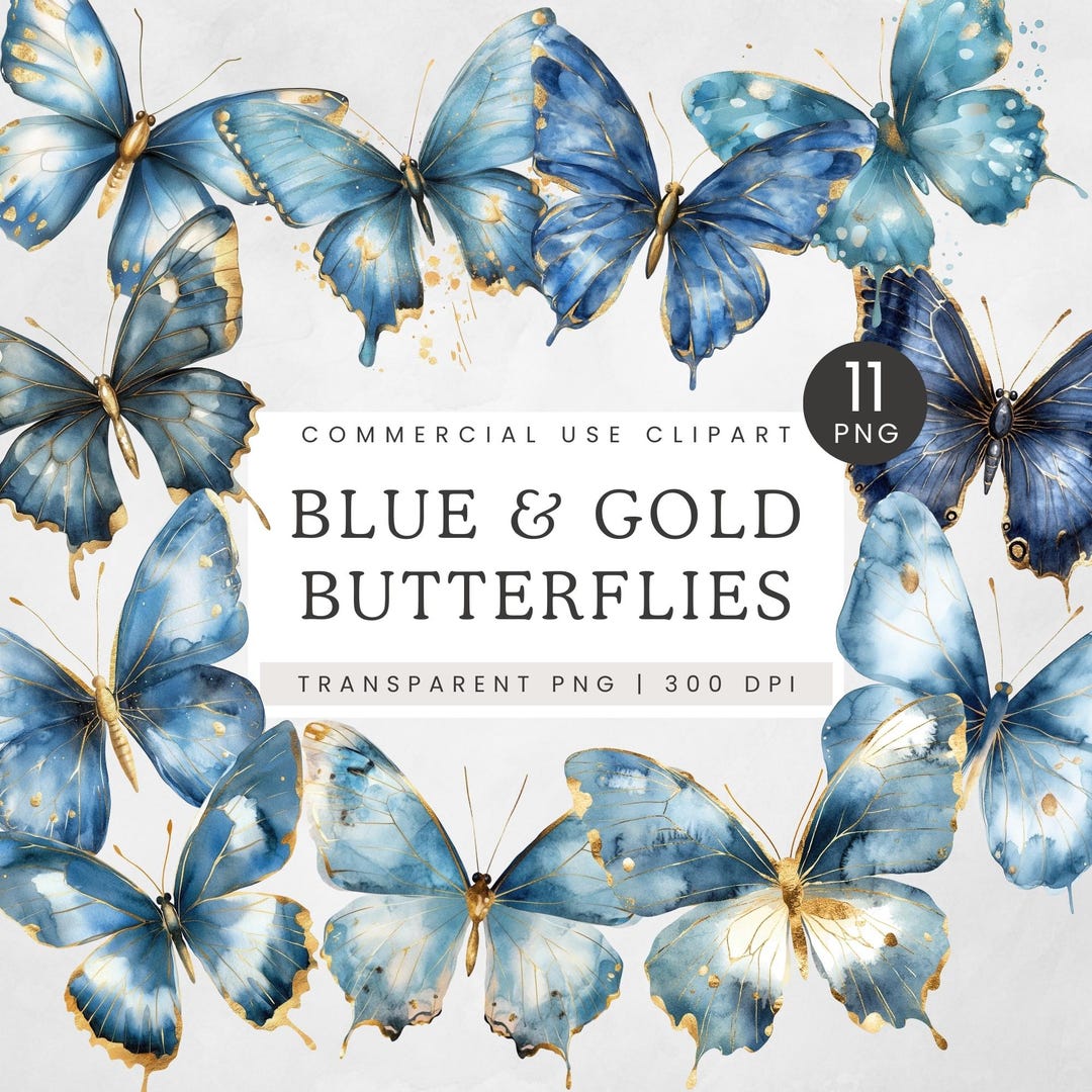 Blue & Gold Butterfly PNG, Watercolor Blue Butterflies Clipart, Gold ...