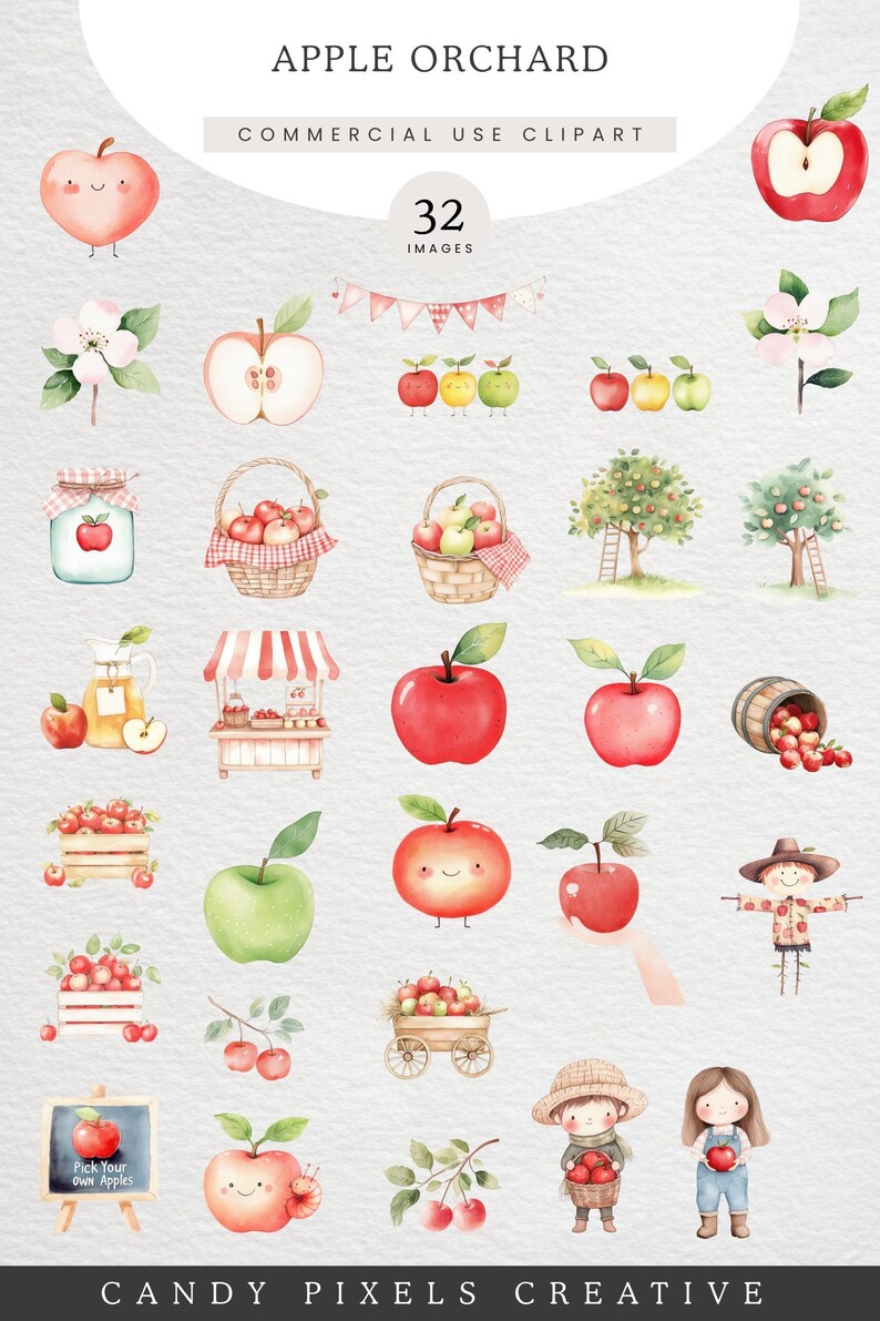 Apple Orchard Clip Art, Rustic Fall Apple Tree Clipart, Watercolor ...
