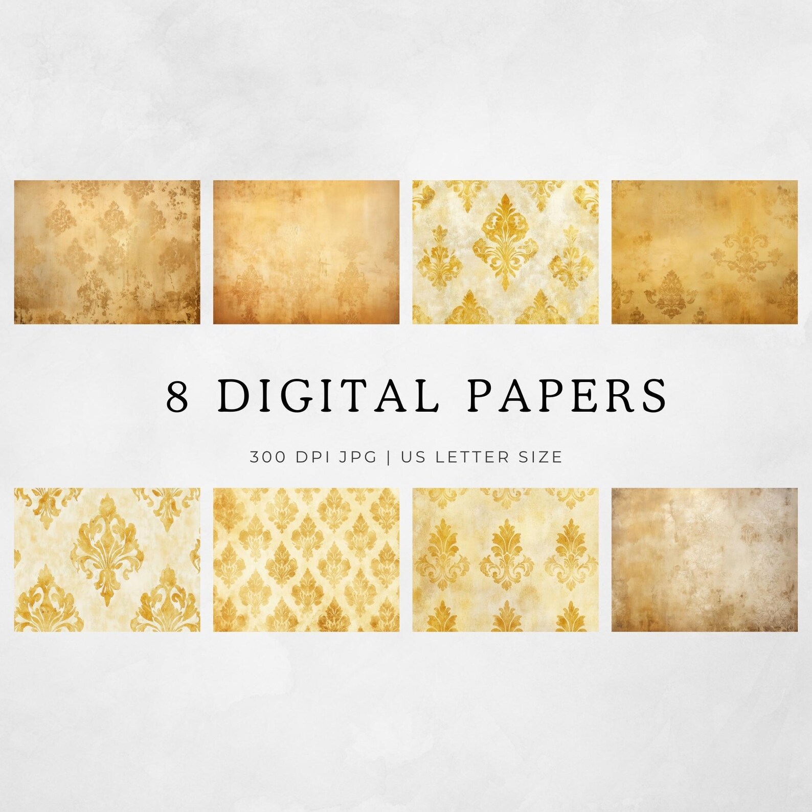 Damask Pattern Digital Paper, Gold Shabby Chic Distressed Texture ...