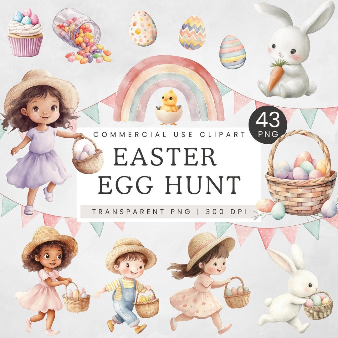 Egg Hunt Clipart, Watercolor Pastel Easter Clip Art, Cute Easter Scene ...