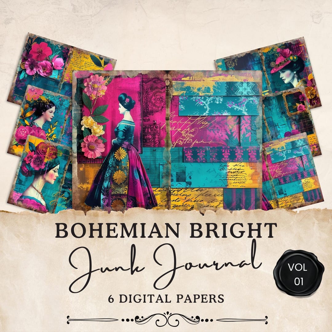 Bright Junk Journal Pages | 6 Colorful Digital Pages | Boho Teal Pink ...