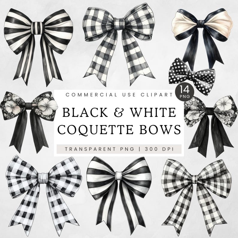 Black and White Bows Clipart, Watercolor Coquette Style PNG, Preppy ...