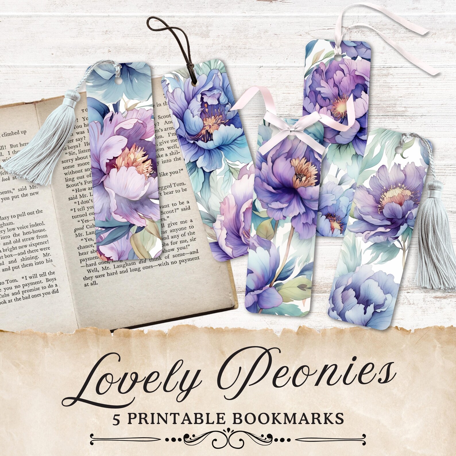 Printable Floral Bookmark, Purple and Blue Peony Flower Print Bookmarks ...