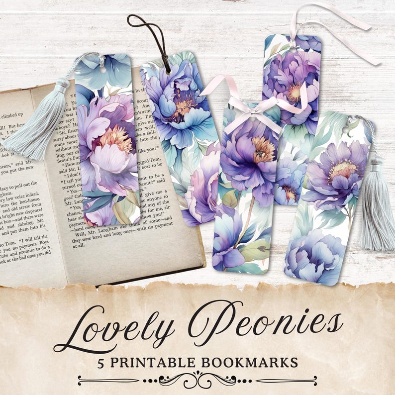Printable Floral Bookmark, Purple and Blue Peony Flower Print Bookmarks ...