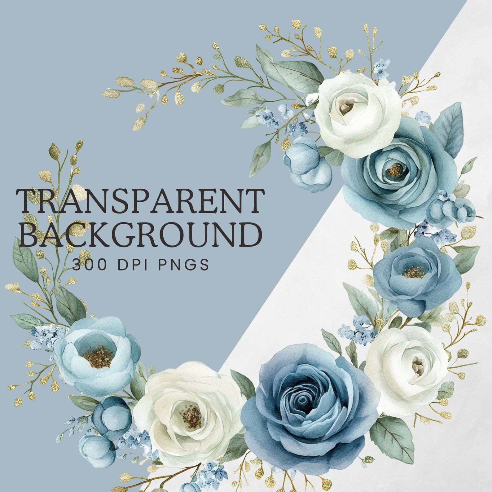 Dusty Blue Roses Clipart | Wedding & Bridal Watercolor Floral Png ...