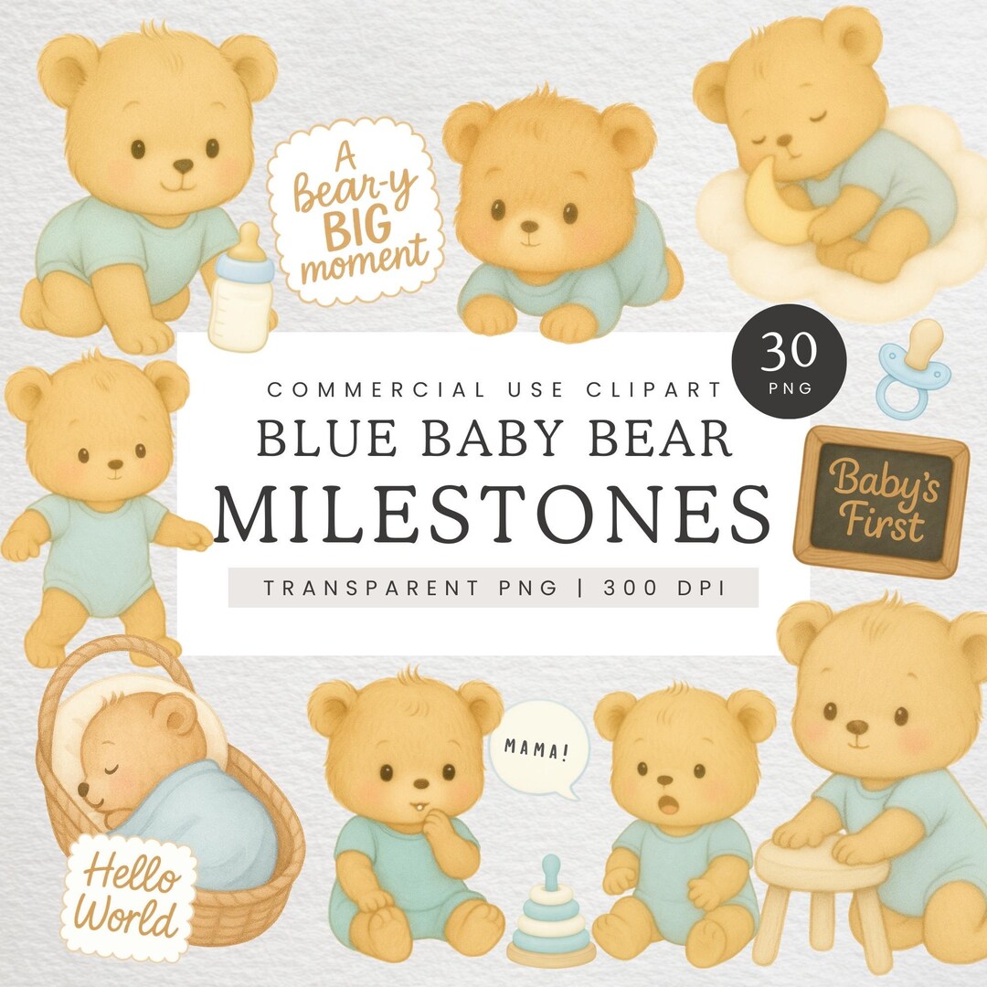 Baby Milestone Clipart, Baby's First Year Clip Art, Blue Teddy Bear ...