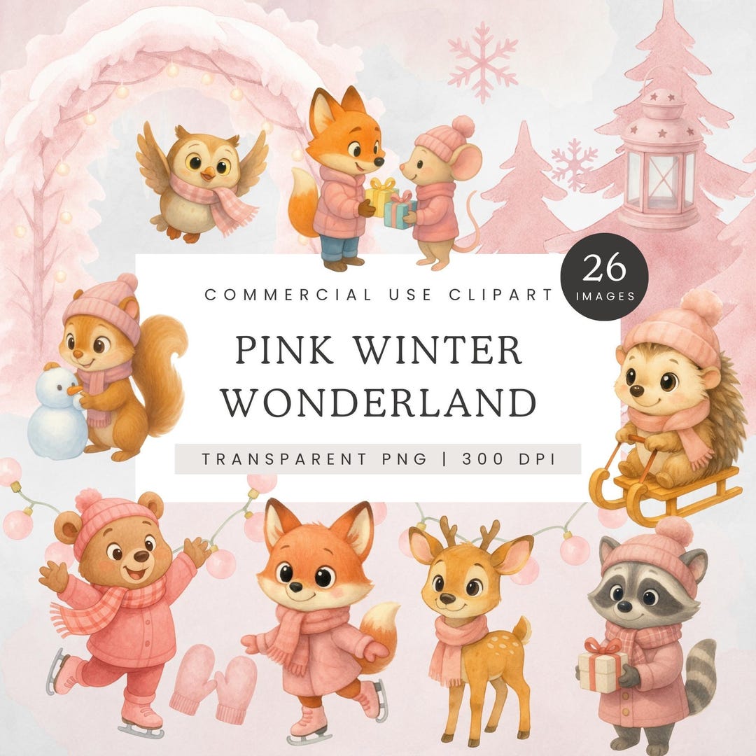 Pink Winter Wonderland Clipart, Ice Skating Woodland Clip Art, Cute ...
