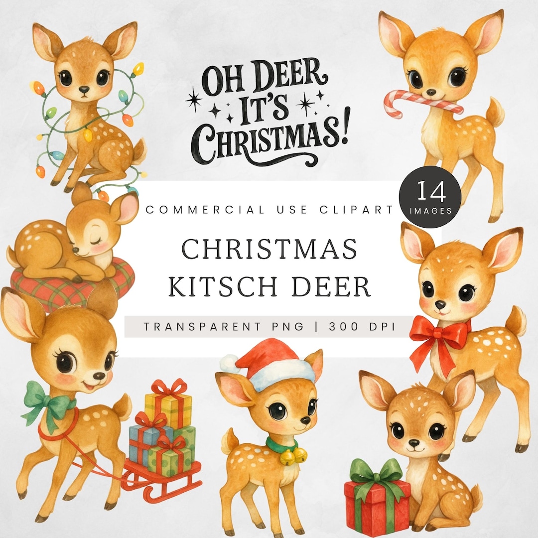 Christmas Kitsch Deer Clipart, Watercolor Vintage Xmas Fawn Clip Art ...