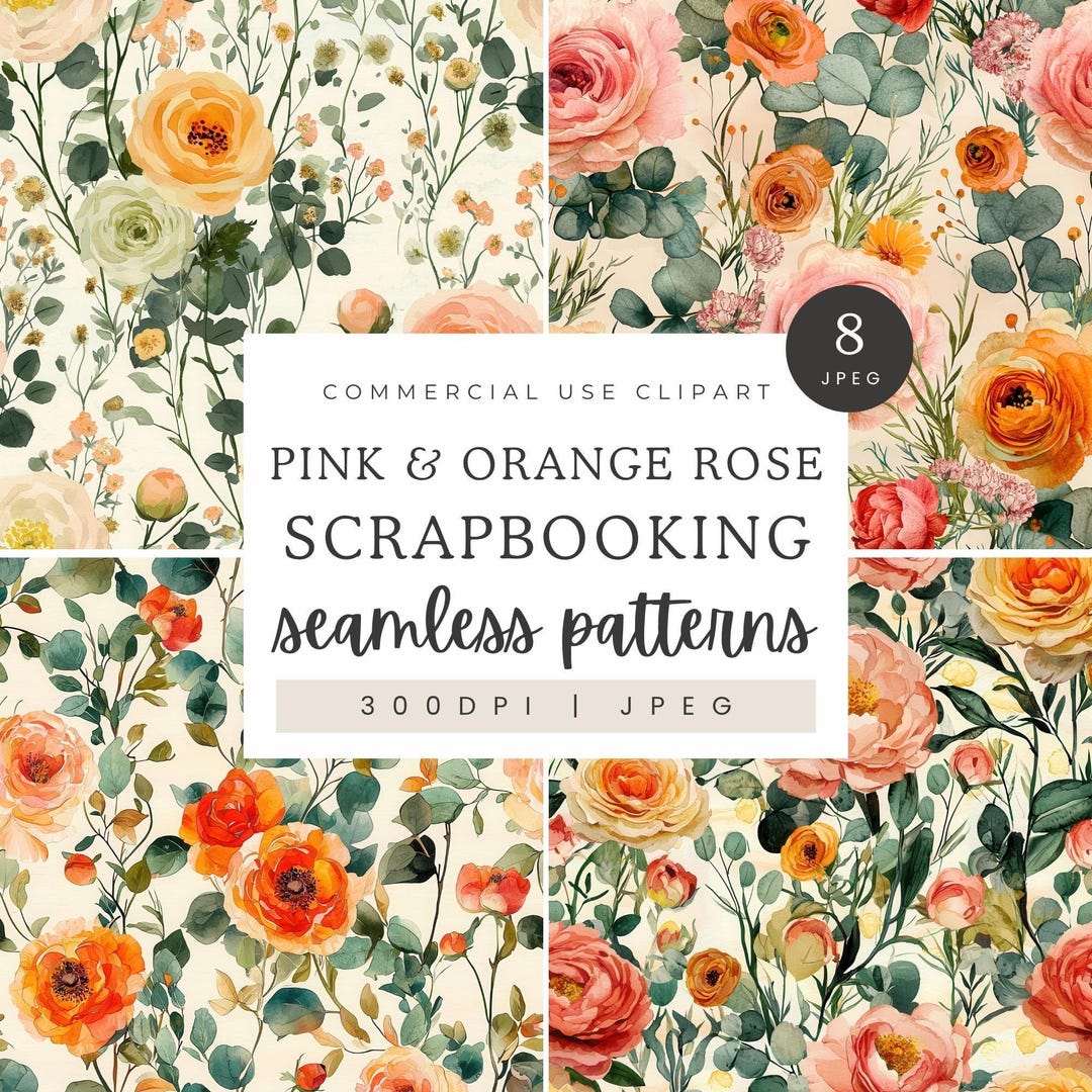 Pink & Orange Floral Digital Paper, Seamless Watercolor Rose ...