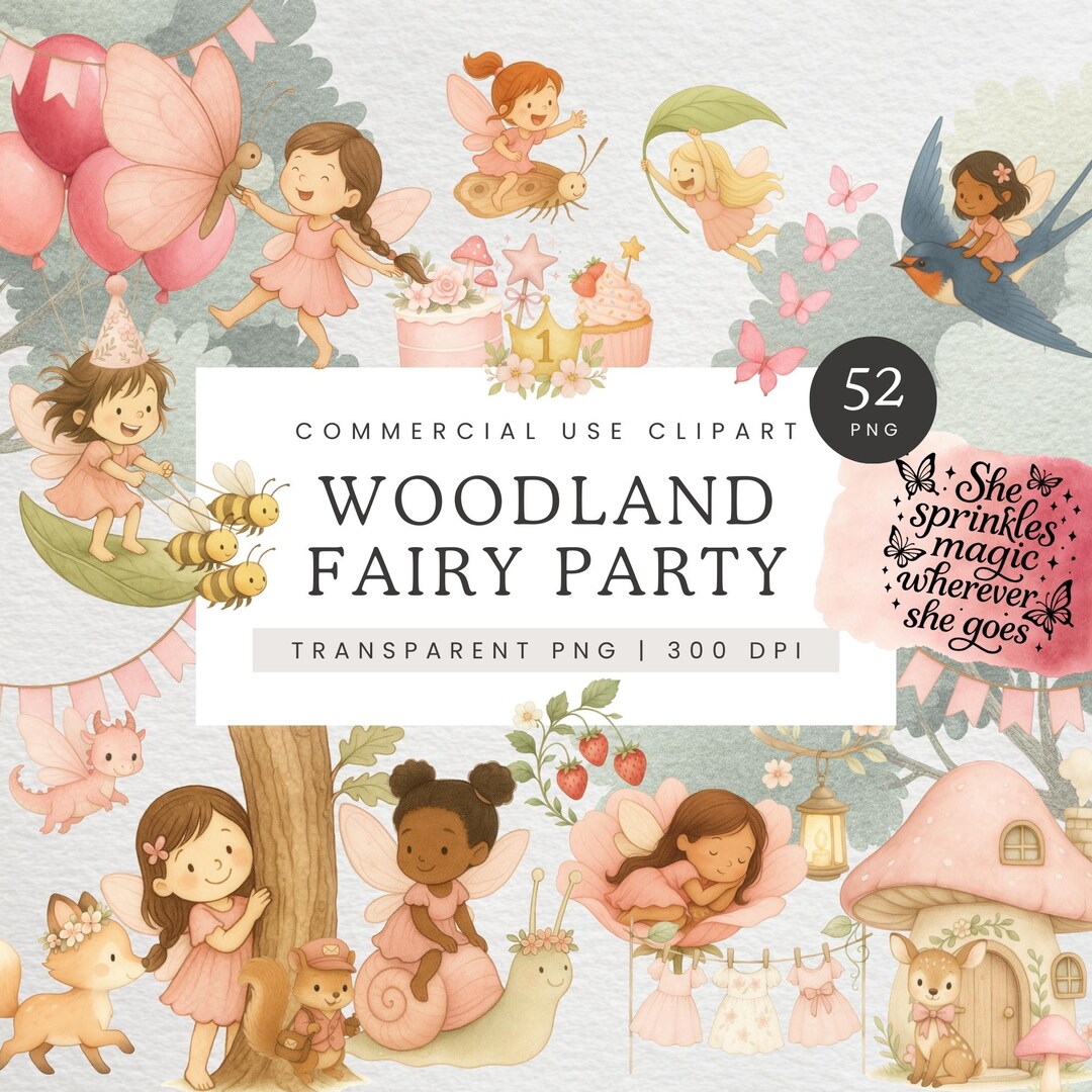 Pink Woodland Fairy Clipart, First Birthday Girl Clip Art, Pastel Fairy ...