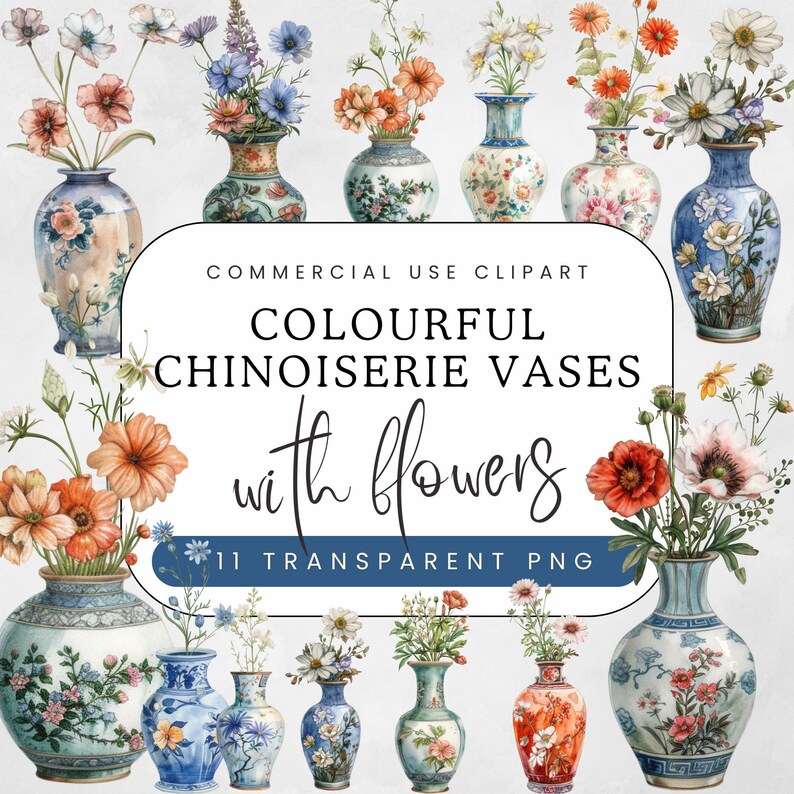 Colourful Chinoiserie Vase Clipart | Floral Bouquet | Watercolour PNG ...