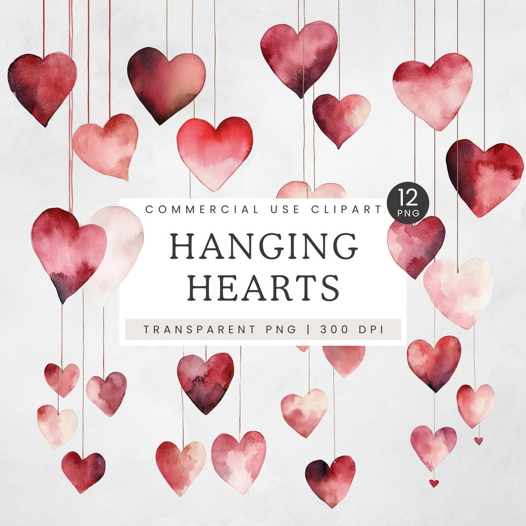 Hanging Hearts Clipart, Watercolor Red Hearts Ornaments Clip Art ...