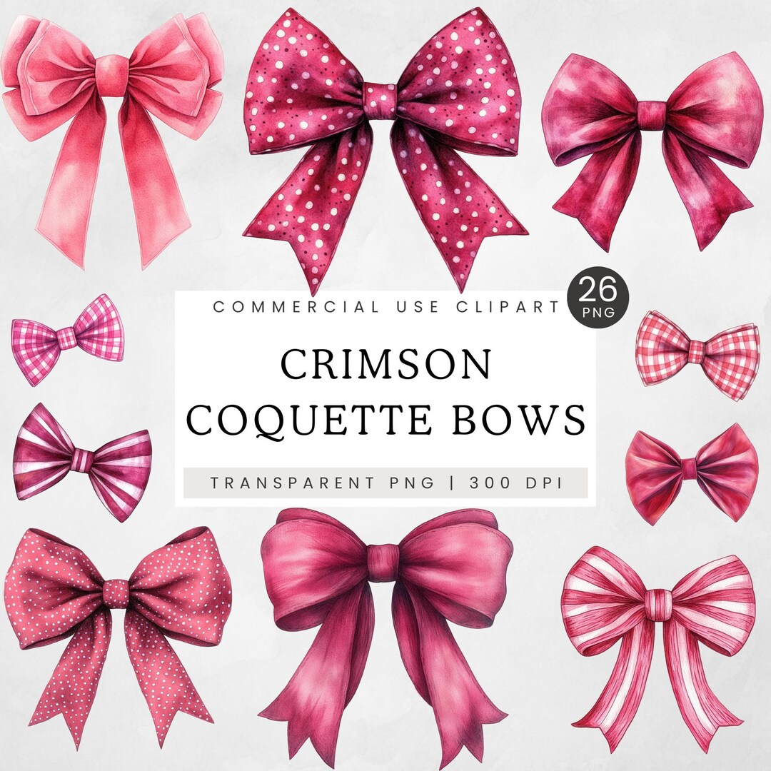 Crimson Bows Clipart, Watercolor Coquette Style PNG, Preppy ...