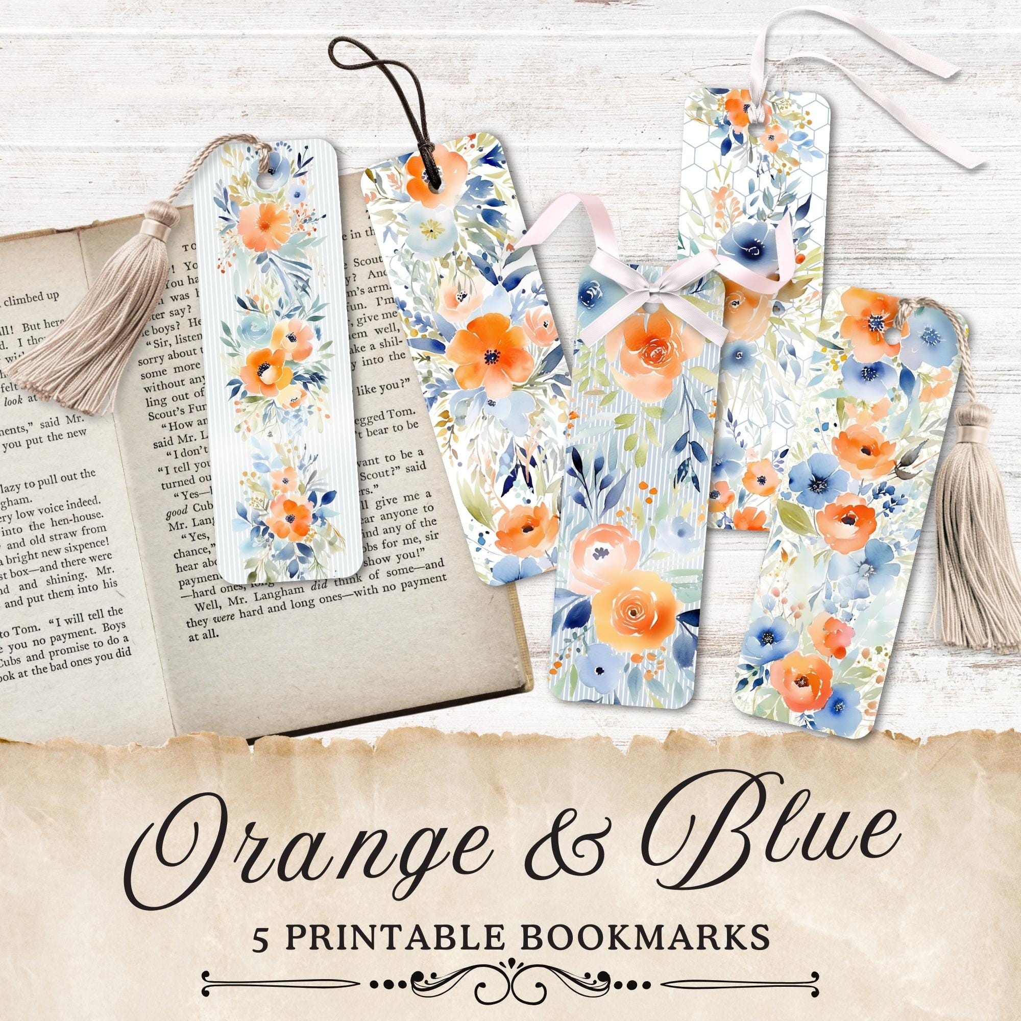 Printable Floral Bookmark, Blue and Orange Flower Print Bookmarks ...
