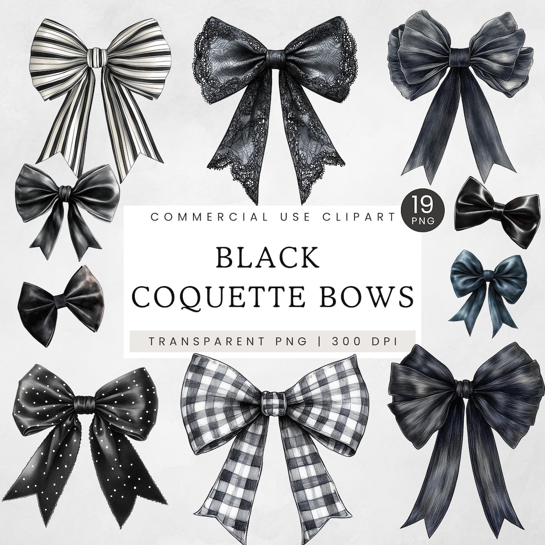 Black Coquette Bows Clipart, Watercolor Coquette Style PNG, Preppy ...
