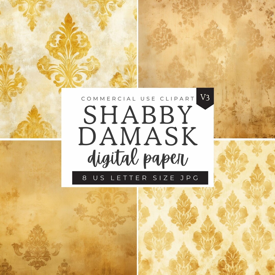 Damask Pattern Digital Paper, Gold Shabby Chic Distressed Texture ...