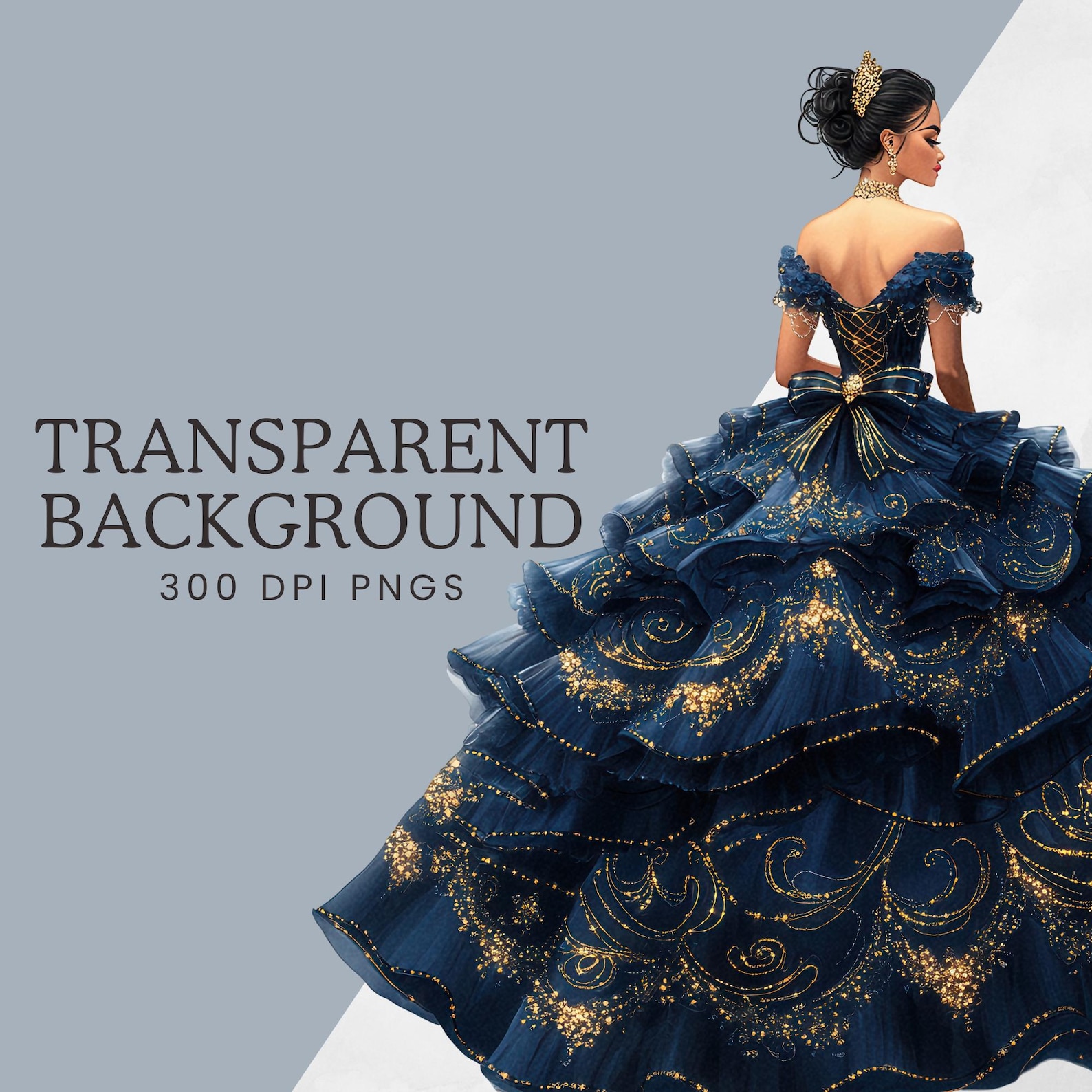 Navy & Gold Quinceañera Dress Clipart | Quince Años | Dark Blue ...